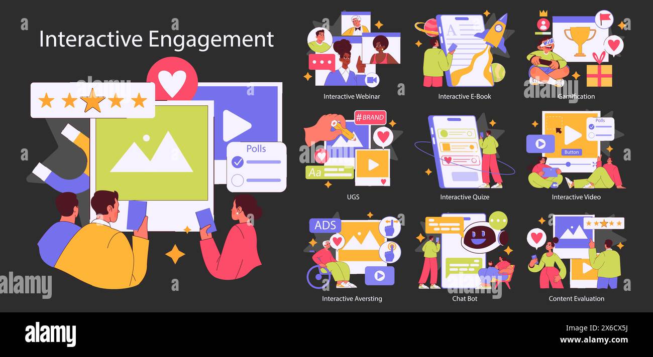Interactive Engagement set. Illustrations depict various digital engagement methods. Polls ...