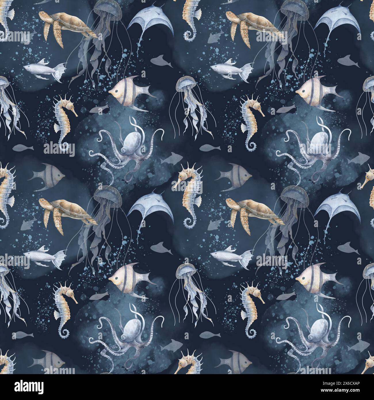 Undersea seamless Pattern with underwater animals and fishes on dark ...