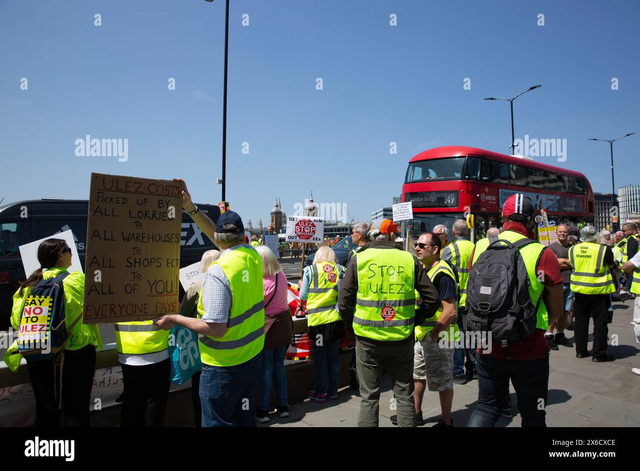 Banners and placards are seen as participants gather for an anti-ULEZ ...