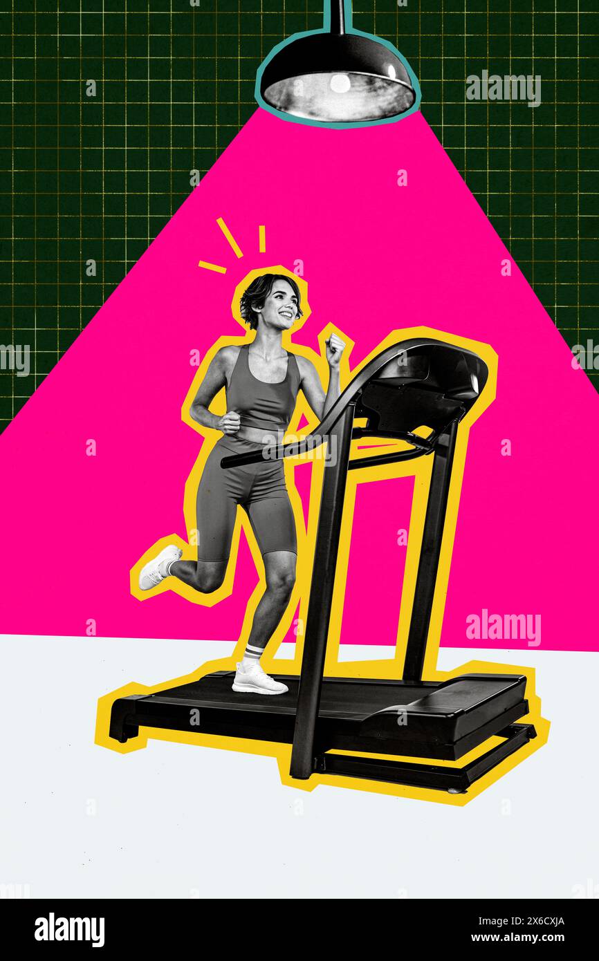 Vertical photo collage of sporty pretty girl run treadmill cross ...