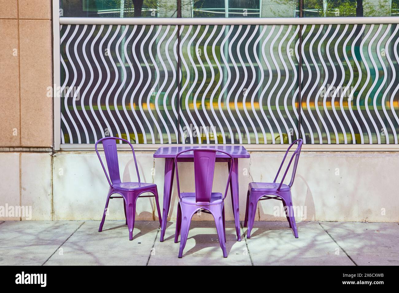Modern Urban Outdoor Seating with Colorful Glass Facade, Eye-Level View ...