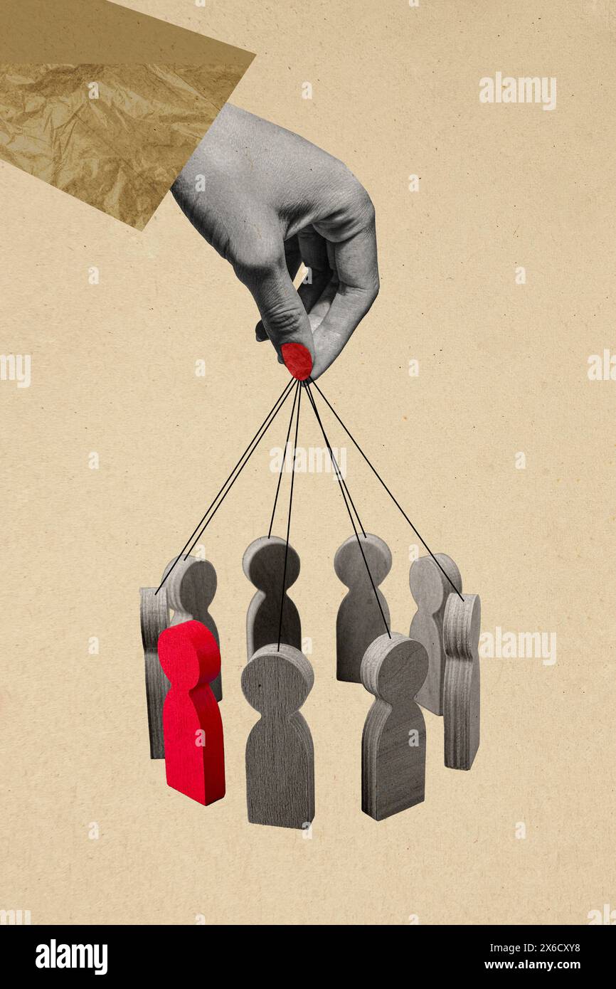 Vertical photo collage of hand hold string people figurine human unity ...