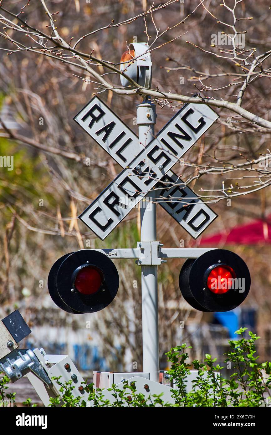 Springtime Railroad Crossing Signal with Red Warning Light, Rural ...