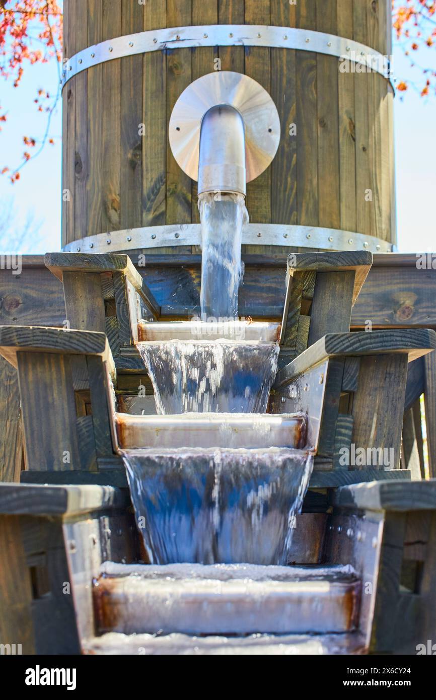 Rustic Wooden Water Feature in Serene Garden, Low Angle View Stock ...