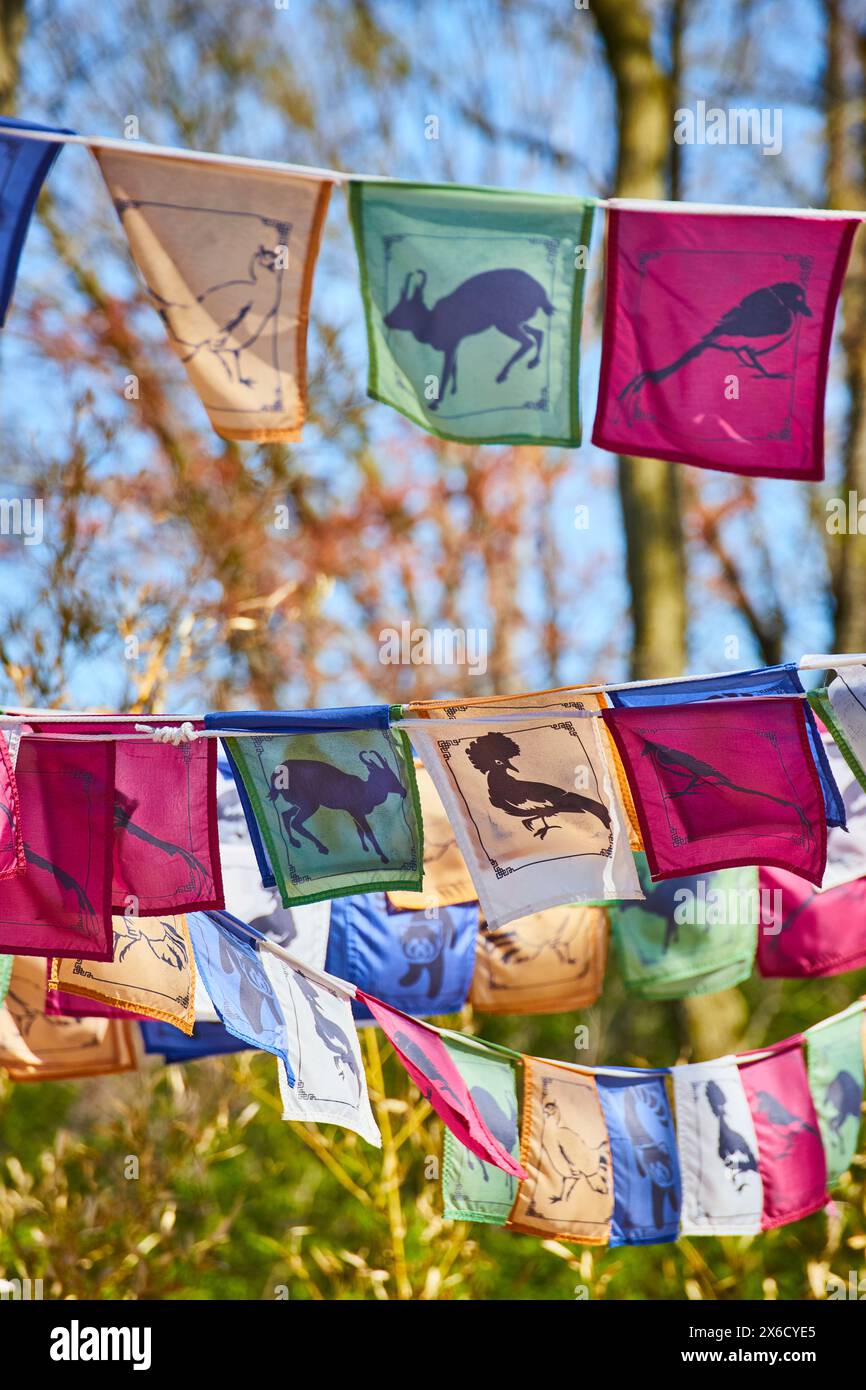 Colorful Prayer Flags with Animal Silhouettes, Breeze, Soft Natural ...