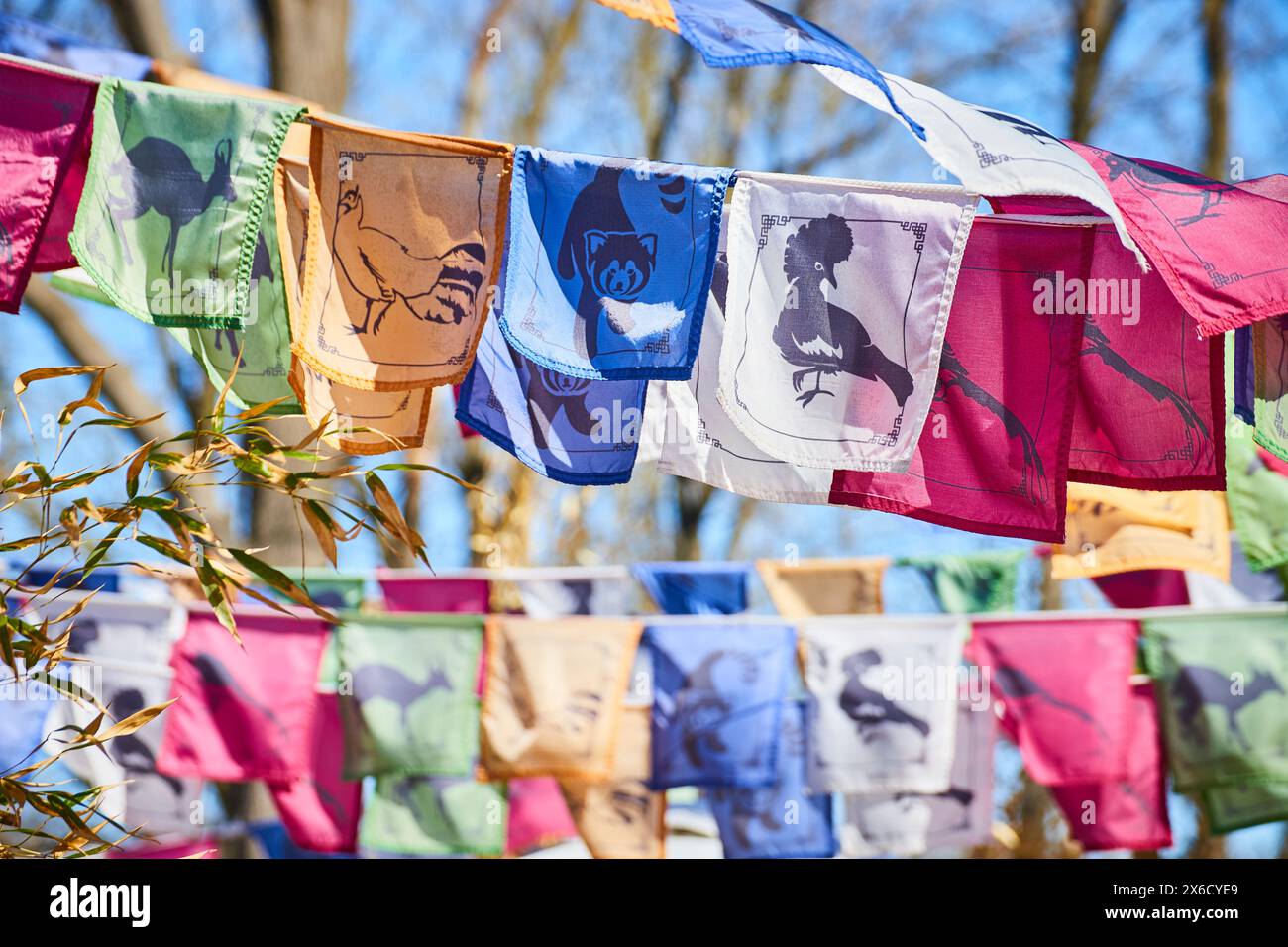 Colorful Tibetan Prayer Flags with Animals, Eye-Level View Stock Photo ...