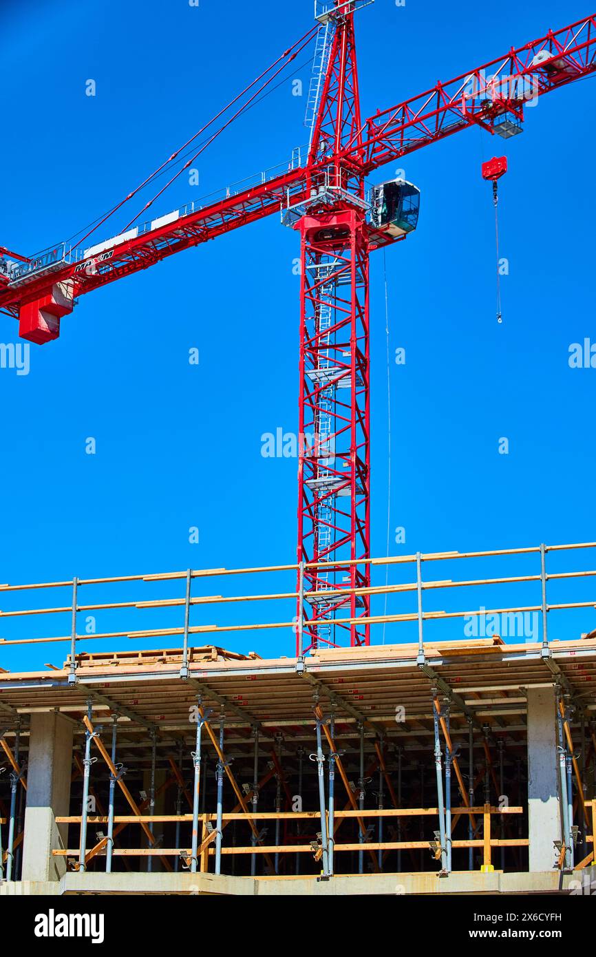 Red Crane at Urban Construction Site, Clear Blue Sky, Downtown Fort ...