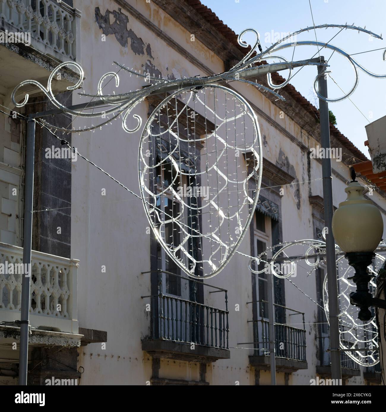 Outdoor street lights suspended on poles in Funcal, Medeira, Portugal ...