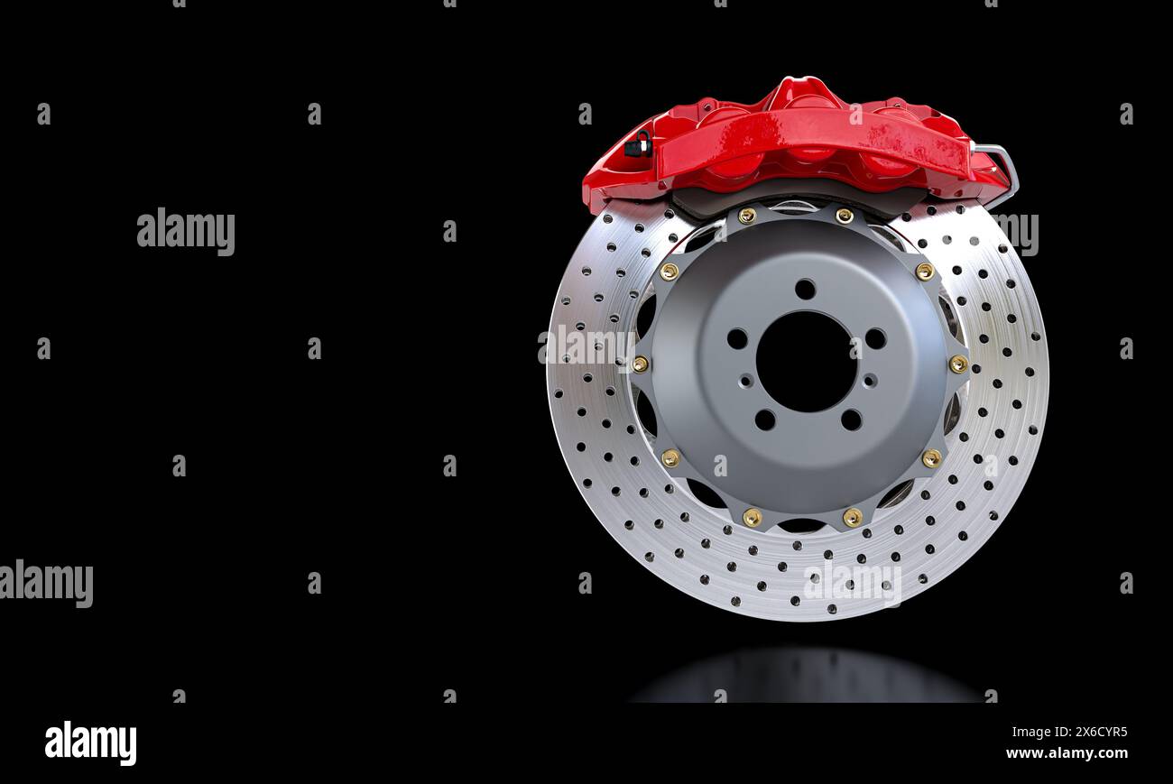 metallic car brake disc, red caliper, black background. copyspace Stock ...