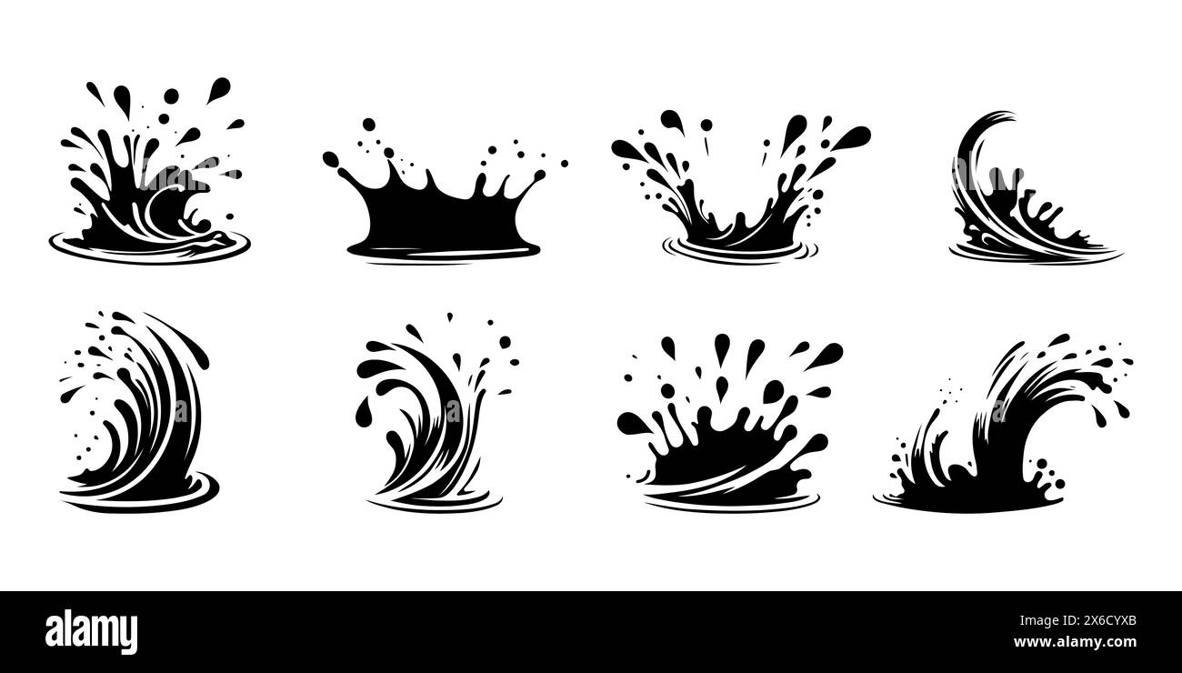Monochrome Set of water wave splashes, falling aqua drops, sea or ocean ...