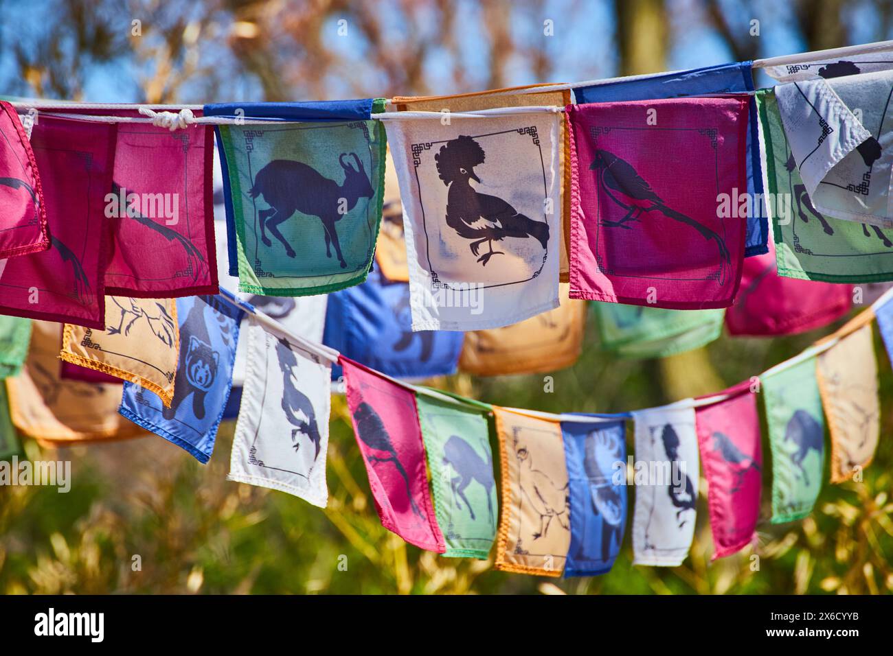 Colorful Prayer Flags with Animal Silhouettes in Natural Setting Stock ...