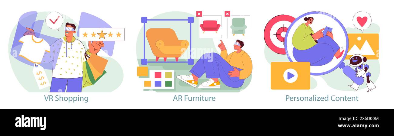 Immersive marketing set. Virtual reality shopping, augmented reality ...