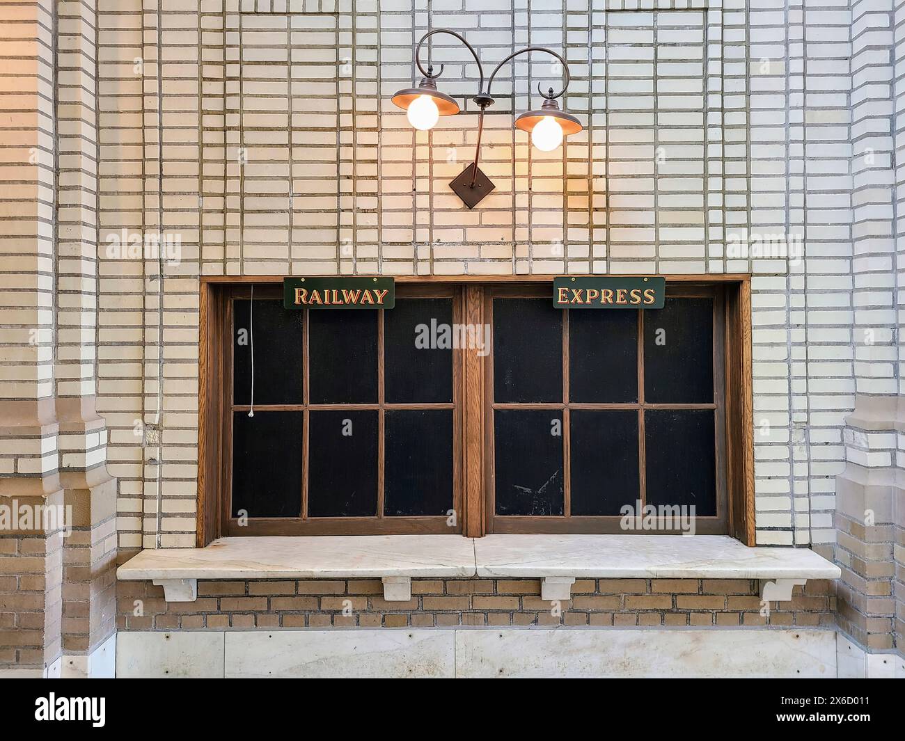 Vintage Railway Express Window at Historical Station, Warm Light Stock ...