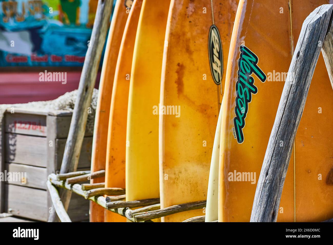 Vivid Stack of Used Surfboards at Beachside, Low Angle View Stock Photo ...