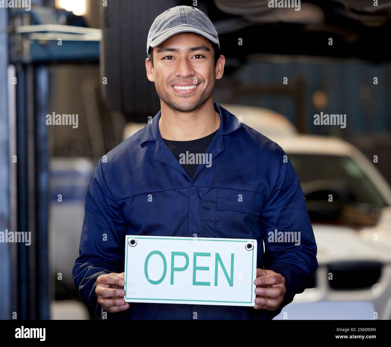 Happy, man and mechanic with open sign in car workshop for welcome ...