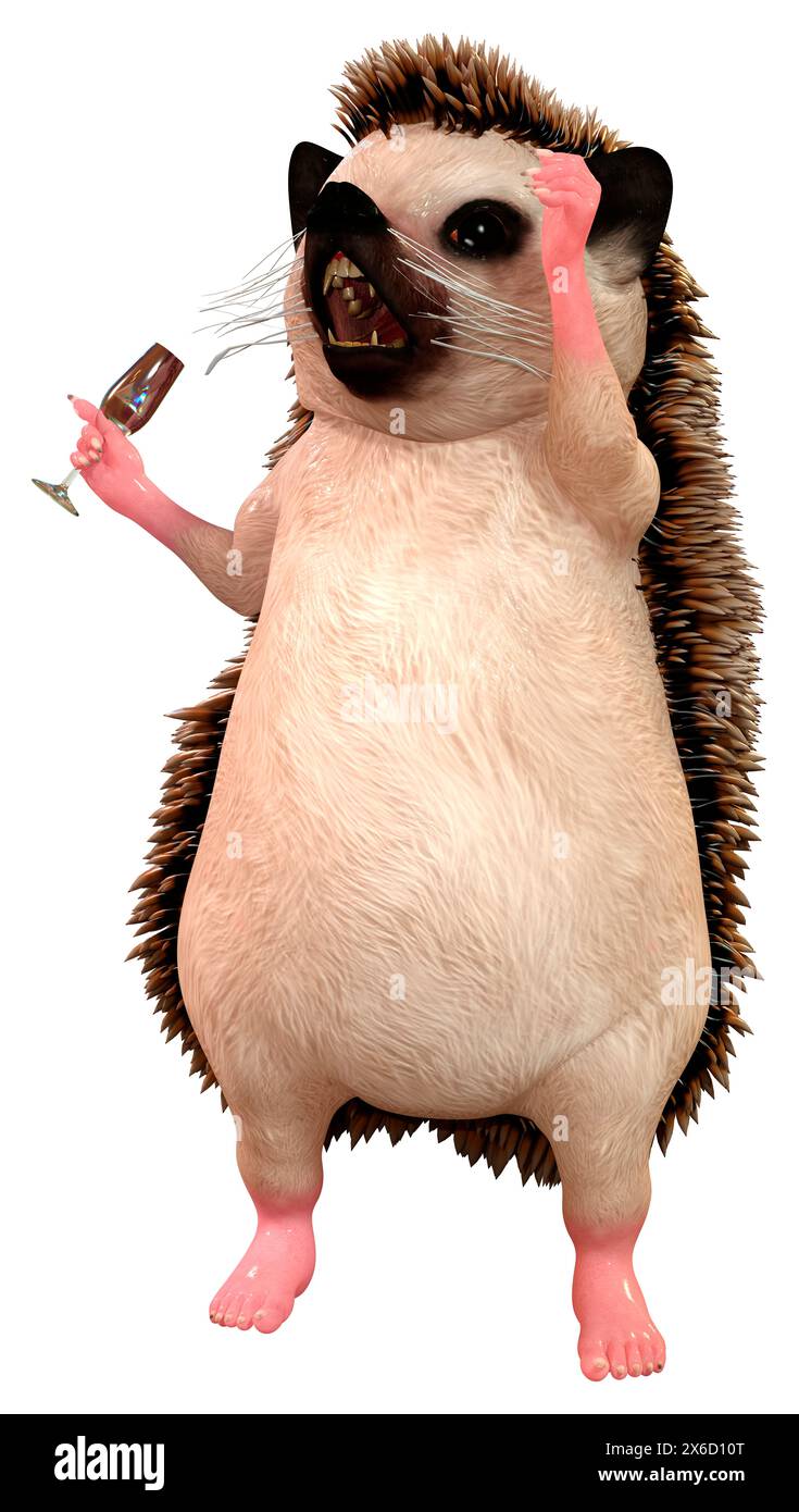 3D rendering of a hedgehog dancing with a glass of champaigne isolated ...