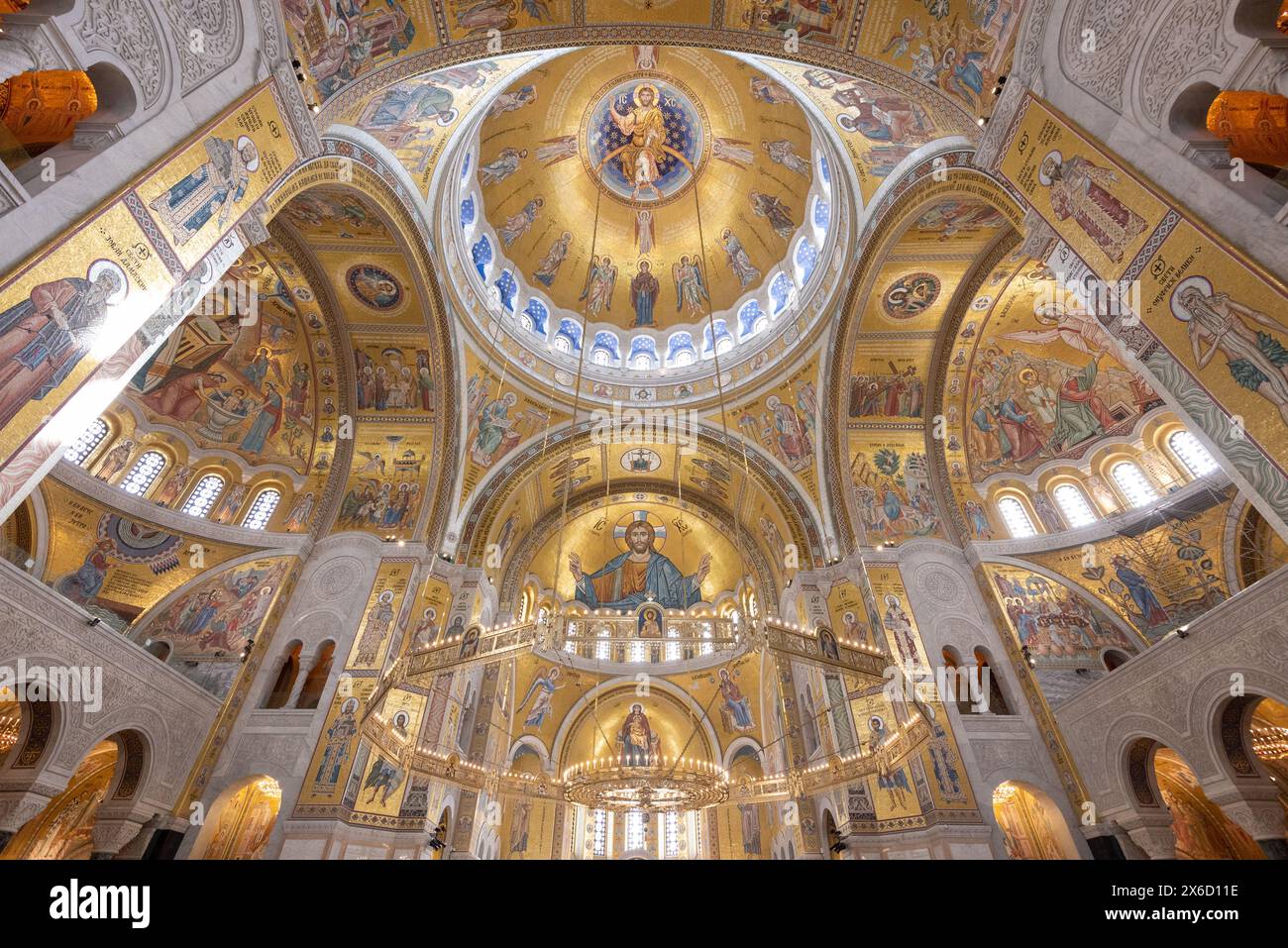 Extremely ornate and decorative interior of St Sava church or temple ...
