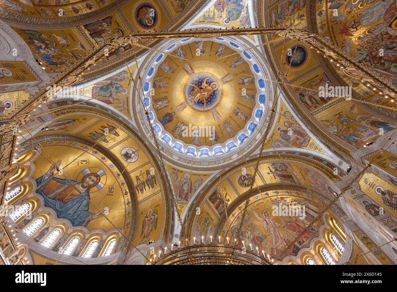 Extremely ornate and decorative interior of St Sava church or temple ...