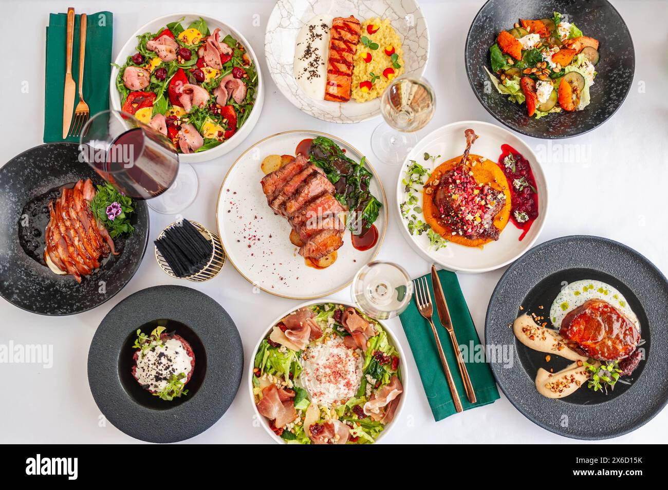Meat dishes. Plates of various meat. Non vegetarian food banner. Top ...