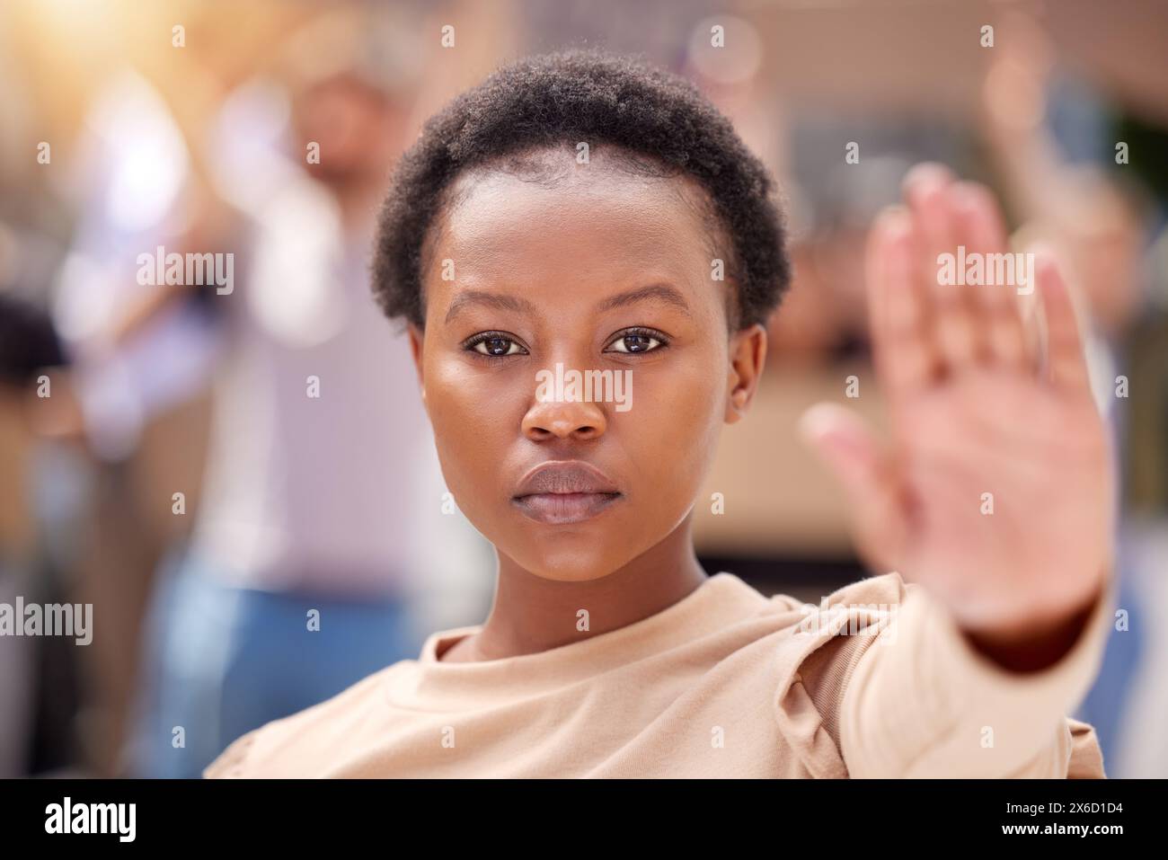 Black woman, portrait and hand for stop at protest for public justice ...