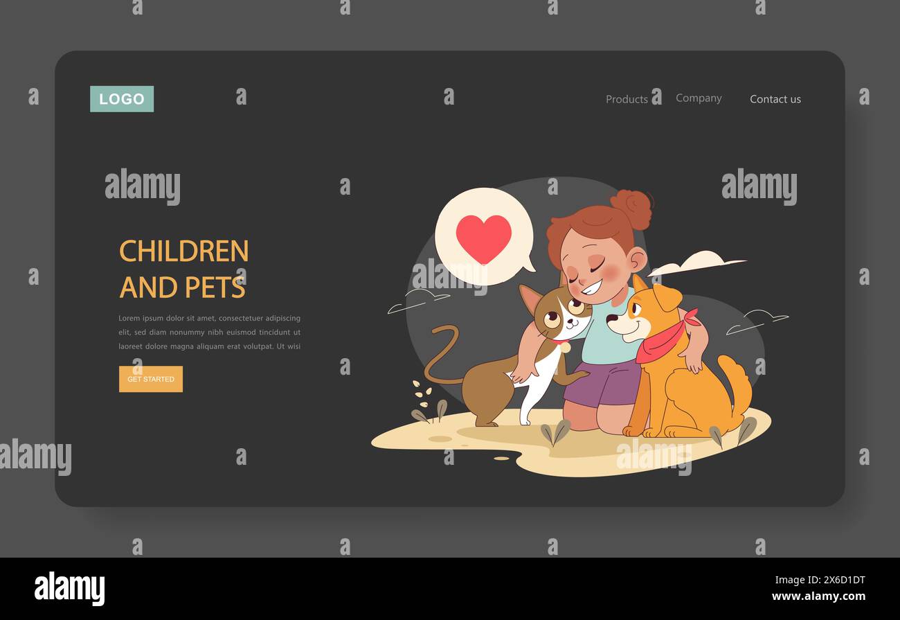 Children and Pets dark or night mode web, landing. Joyful interactions ...