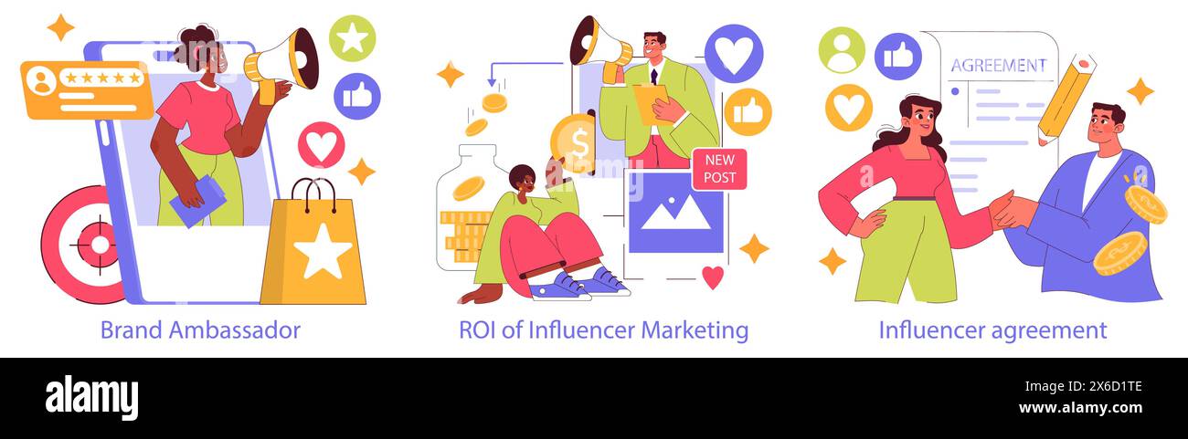 Influencer Marketing set. Brand ambassador promoting products ...