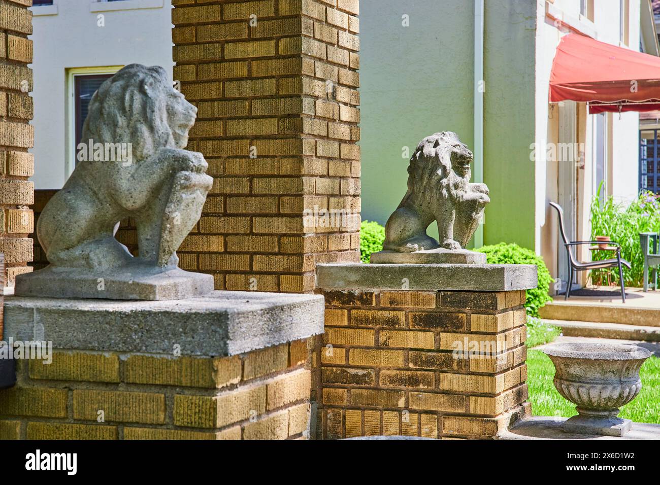 Stone Lion Sculptures at Residential Building Entrance, Sunny Suburban ...