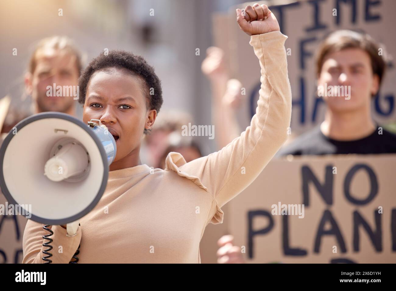 Woman, portrait and protest megaphone with climate change group ...