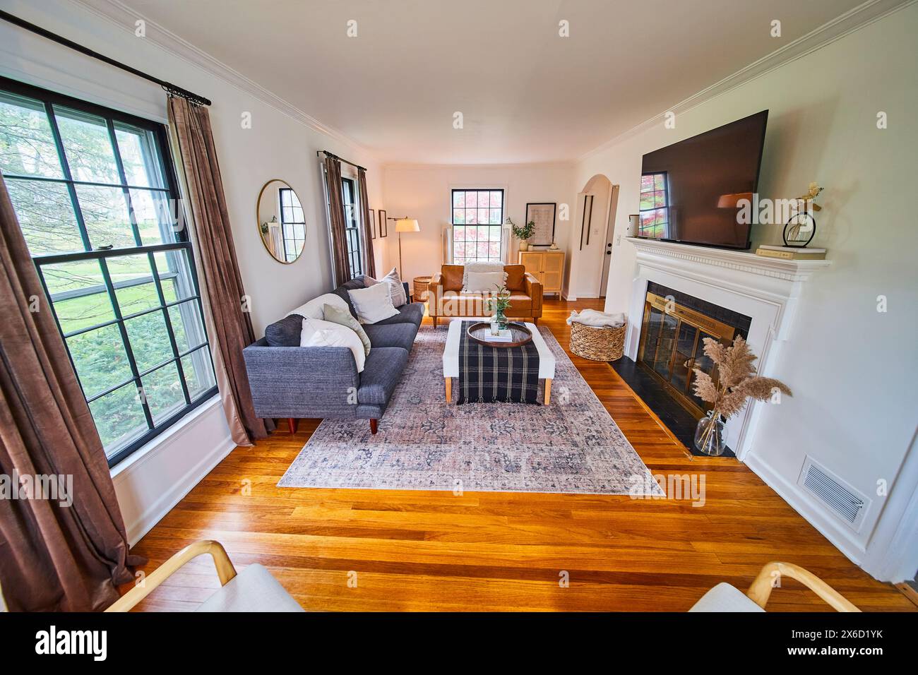Modern and Classic Suburban Living Room Design, Eye-Level View Stock ...