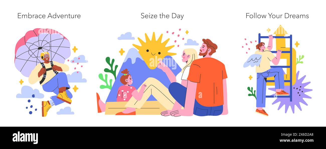 YOLO concept set. Inspiring scenes of individuals embracing life ...