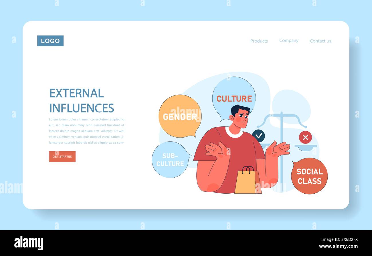 Consumer behavior web or landing. Purchase journey. Man evaluates ...