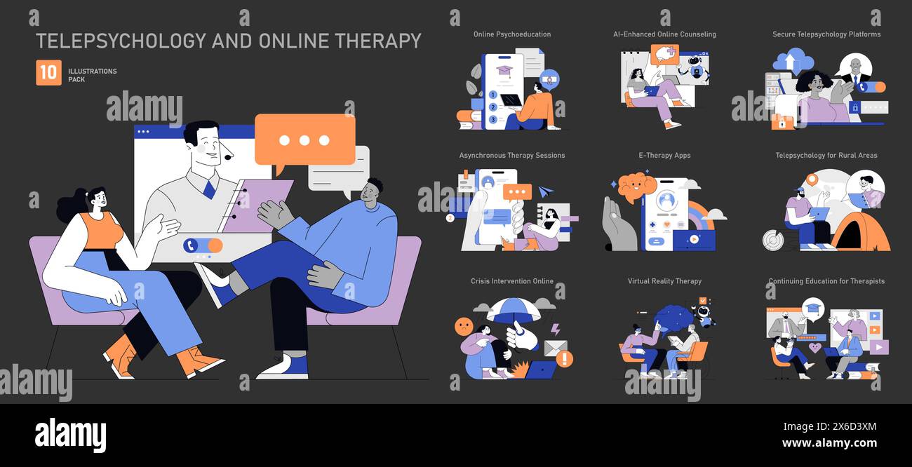 Telepsychology set. Advancements in online therapy provide convenient mental health services ...