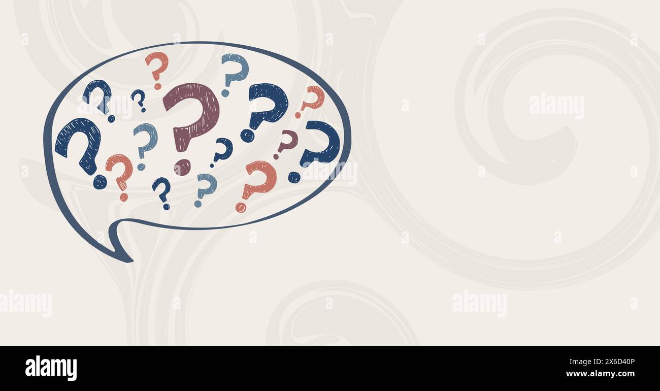 Speech bubble containing symbols and signs of a group of hand-drawn question marks ...