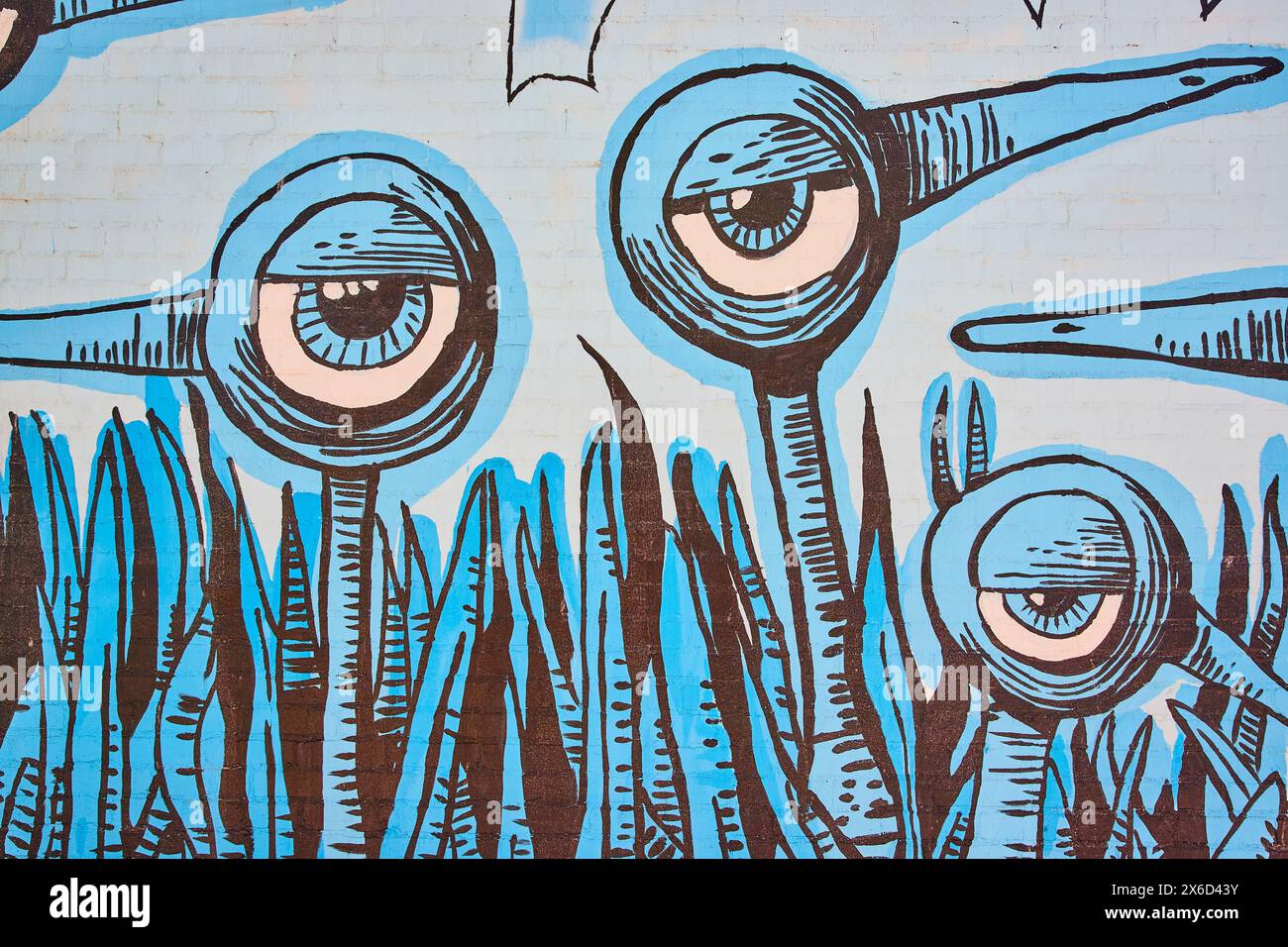 Vibrant Urban Mural of Stylized Birds with Telescopic Eyes, Eye-Level ...