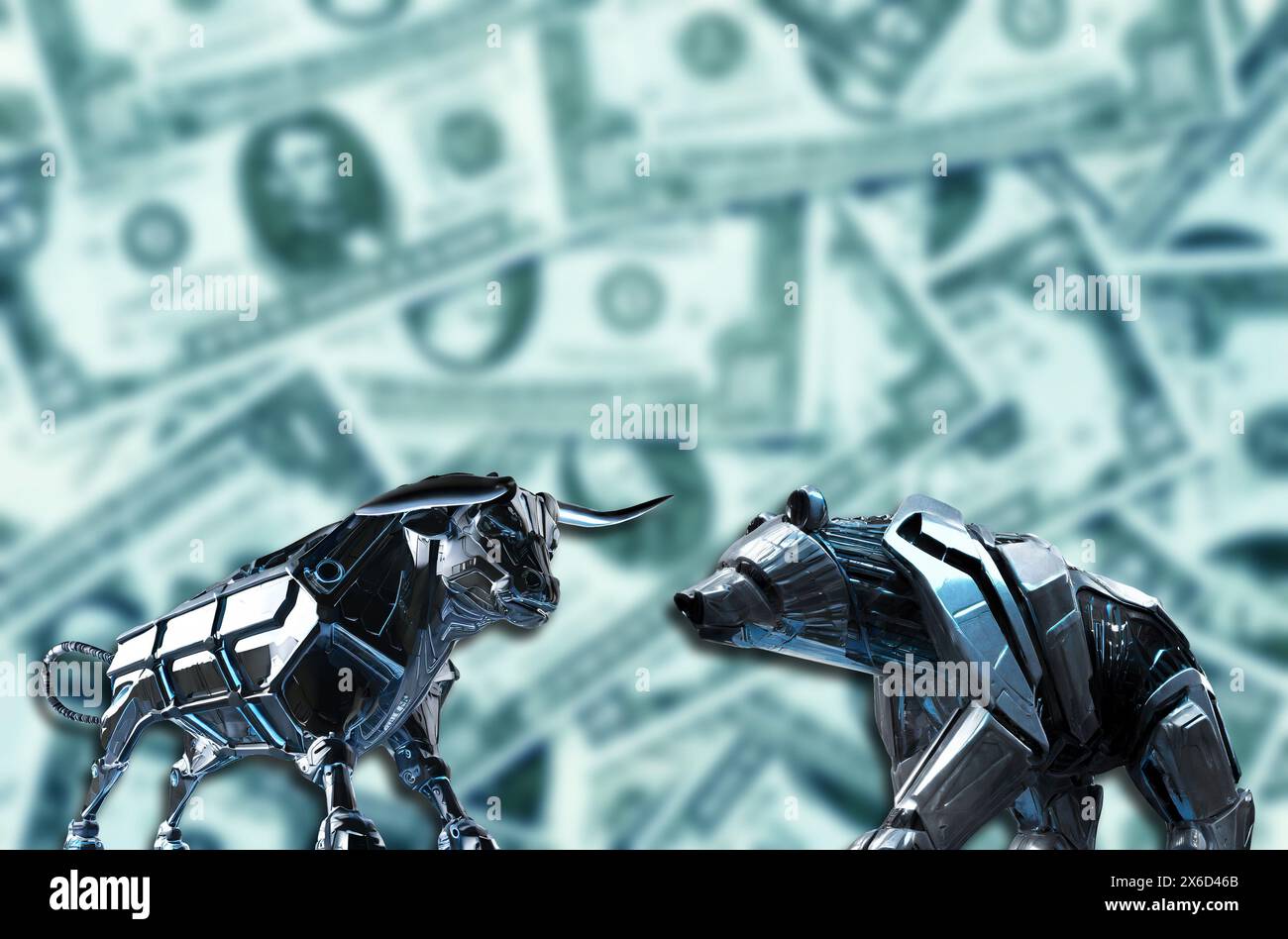 3D metal bull and bear as symbols of stock market rising or falling ...