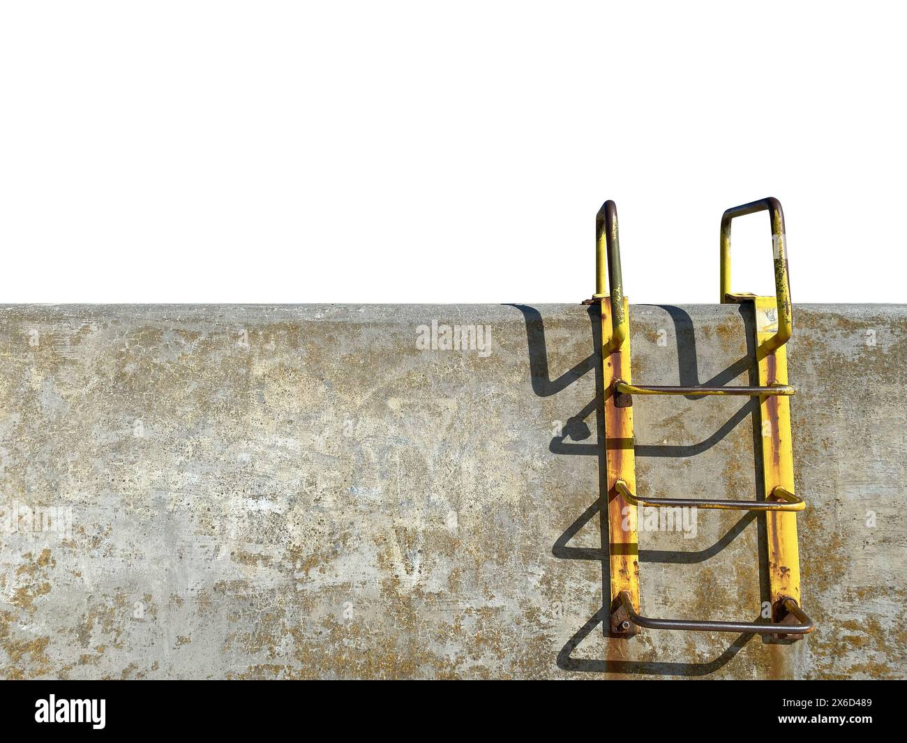 Old concrete wall with rusty yellow metal ladder isolated on white ...
