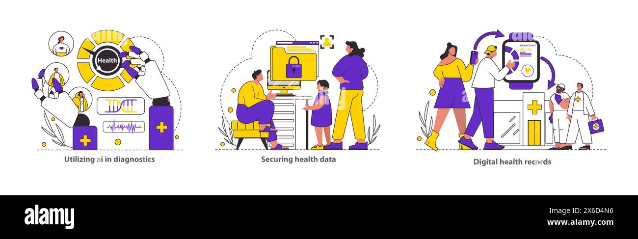 Tech-Assisted Health set. Innovative AI diagnostics, secure health data ...