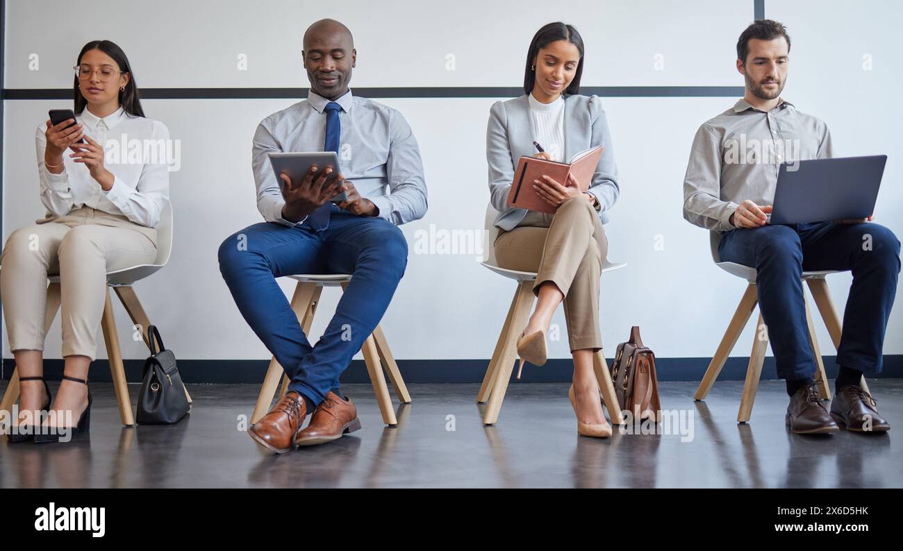 Diversity, technology and business people in waiting room for ...