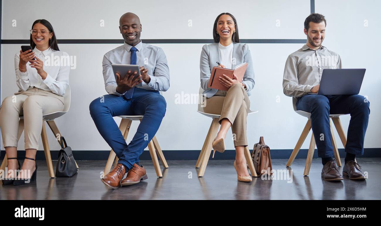 Recruiting, technology and business people in waiting room for hiring ...