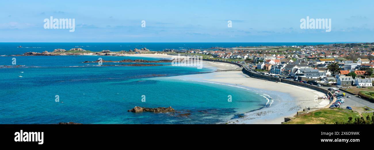 Aerial panoramic view of Cobo Bay, sandy beach landscape panorama in ...