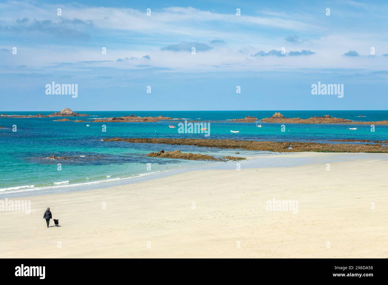 Woman and her dog at Cobo Bay, sandy beach landscape in Guernsey ...