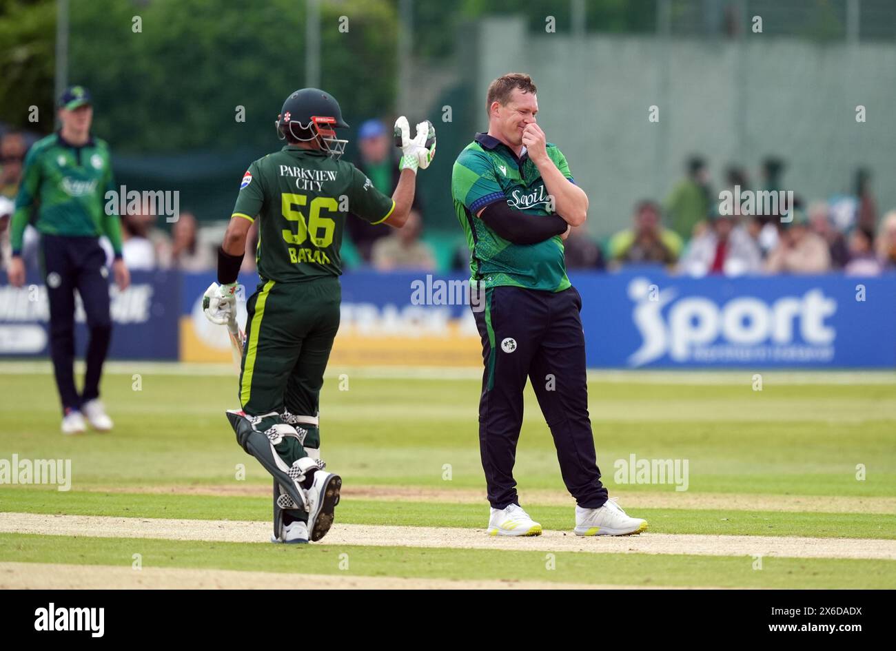 Ireland's Graham Hume looks on after conceding a boundary during the ...