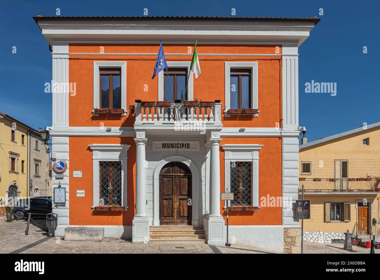The colorful and newly restored facade of the Lama dei Peligni Town ...