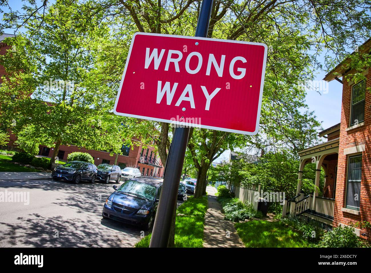 Red Wrong Way Sign in Sunny Suburban Setting, Eye-Level View Stock ...