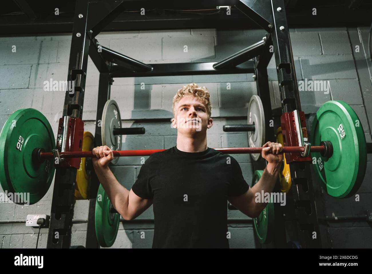 Low angle shot of a handsome male crossfit athlete doing barbell squats ...