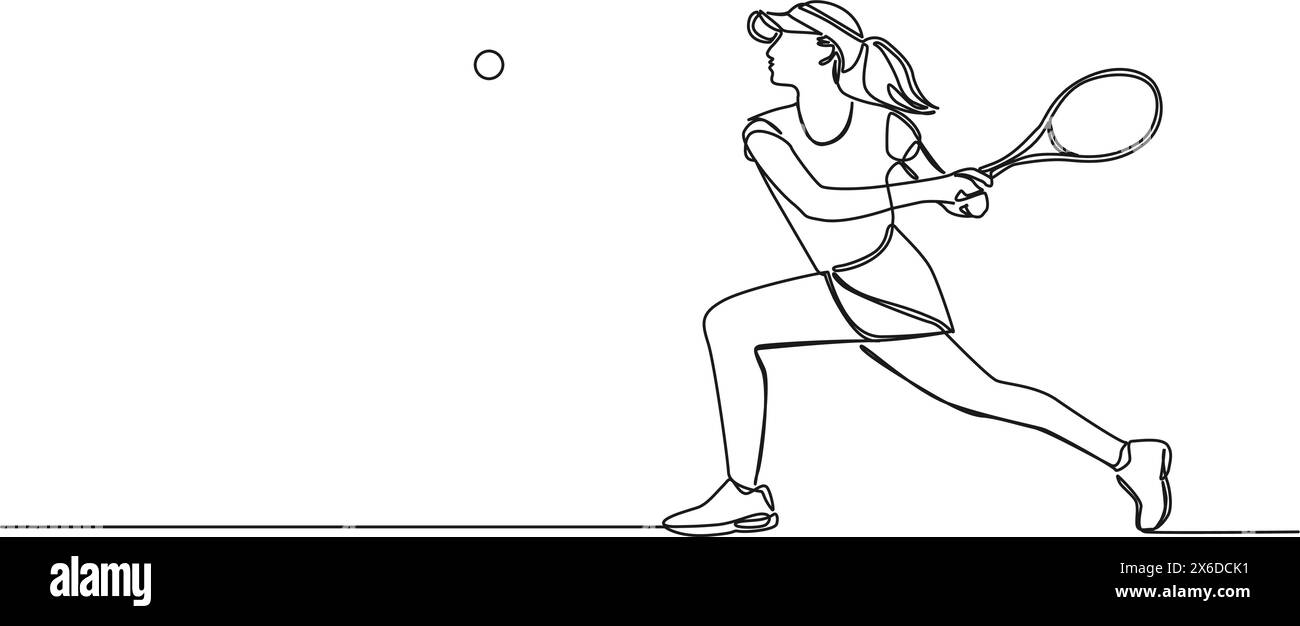 continuous single line drawing of female tennis player, line art vector ...