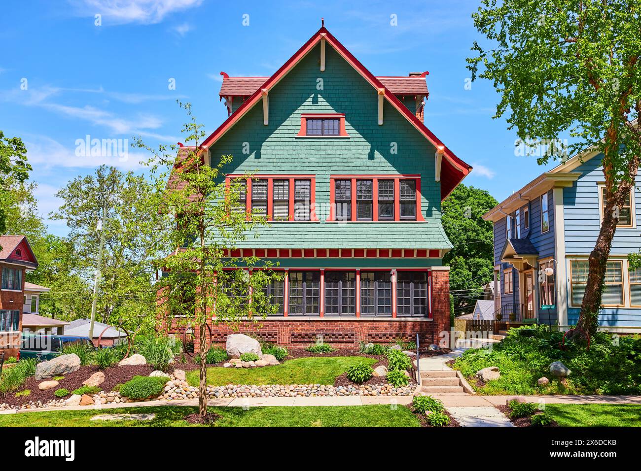 Classic American Mint Green House with Red Accents, Suburban Indiana ...