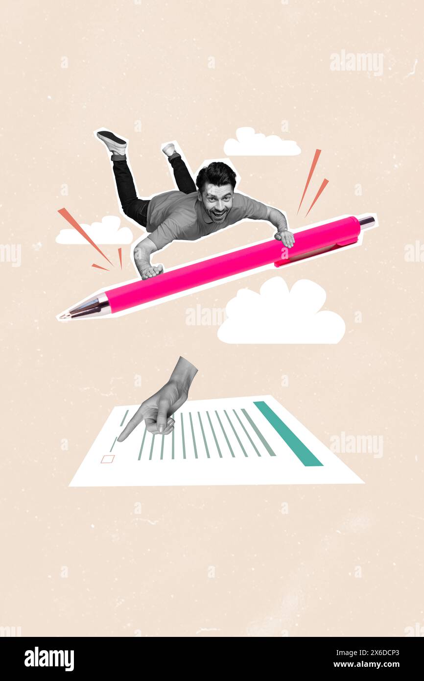 Vertical collage picture falling man hold pen signature contract ...