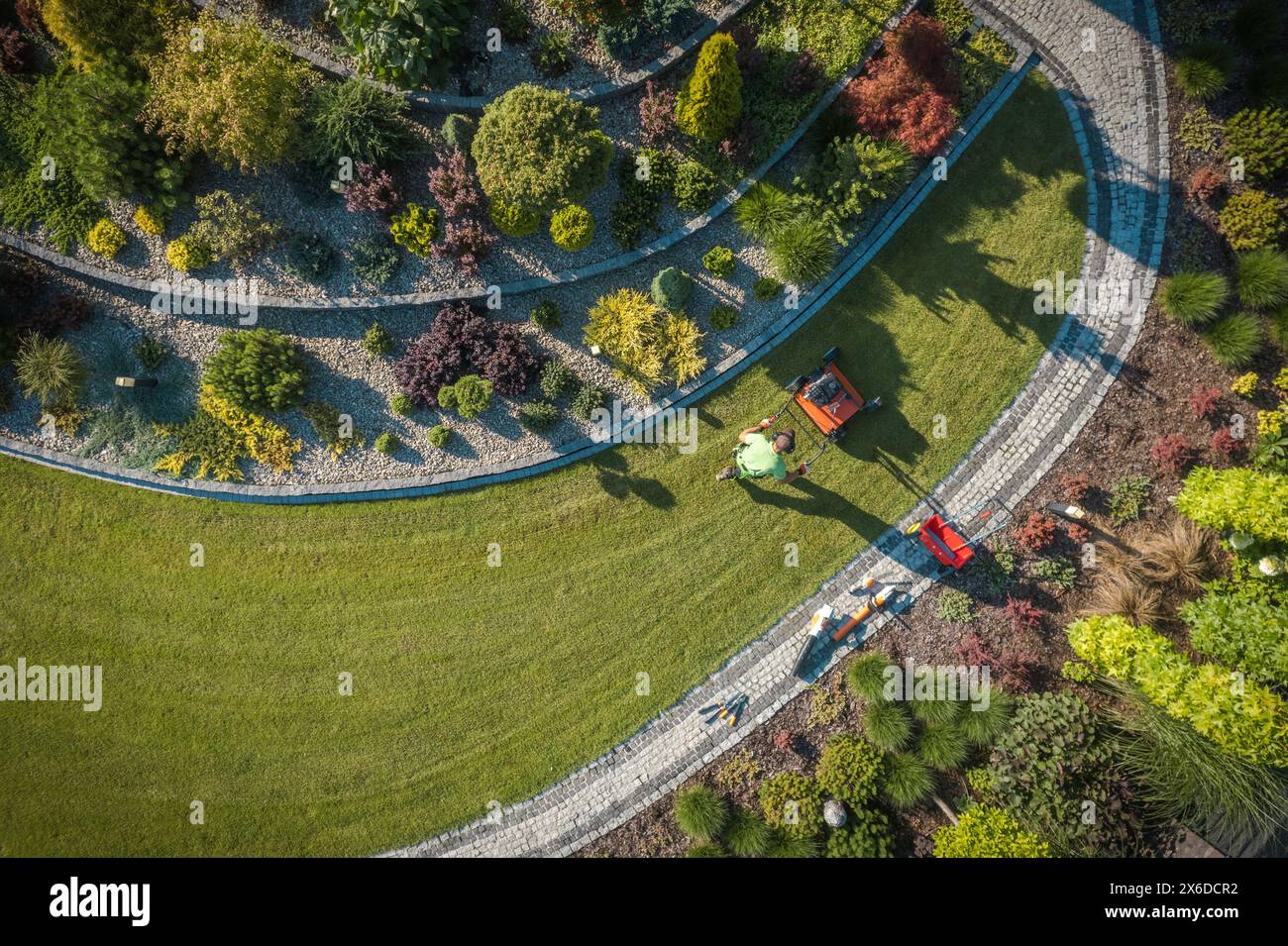 Overhead perspective of a well-maintained garden with diverse plant ...