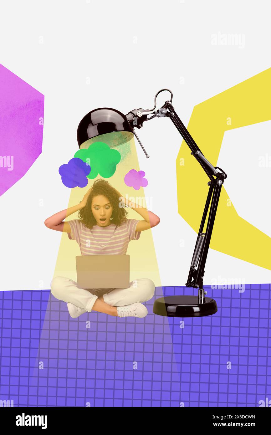 Trend artwork composite sketch image photo collage of young woman office worker laptop under ...